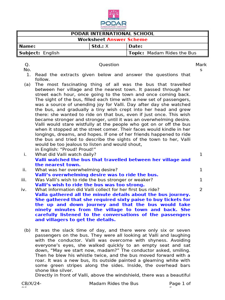 Grade 10 English: Valli's Bus Adventure | PDF