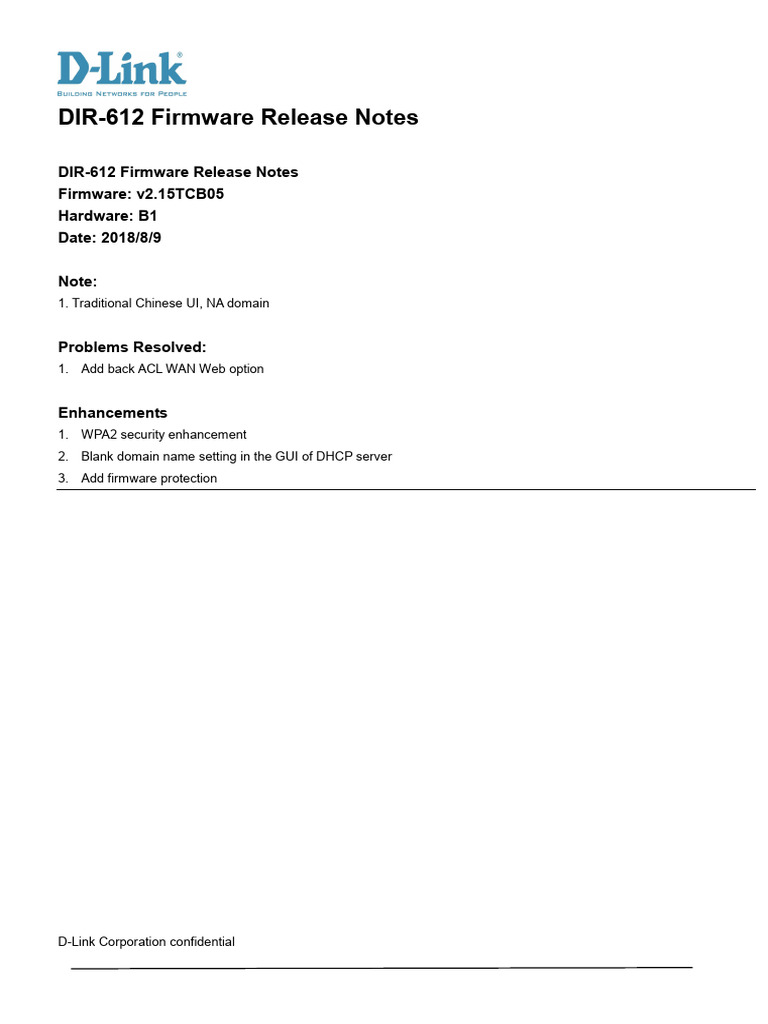 DIR-612 B1 FW v2.15TCB05 Releasenote | PDF