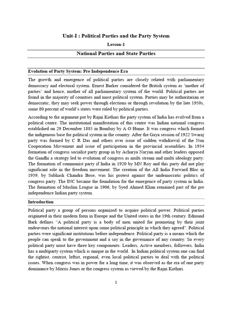 Unit-I: Political Parties and The Party System National Parties and ...