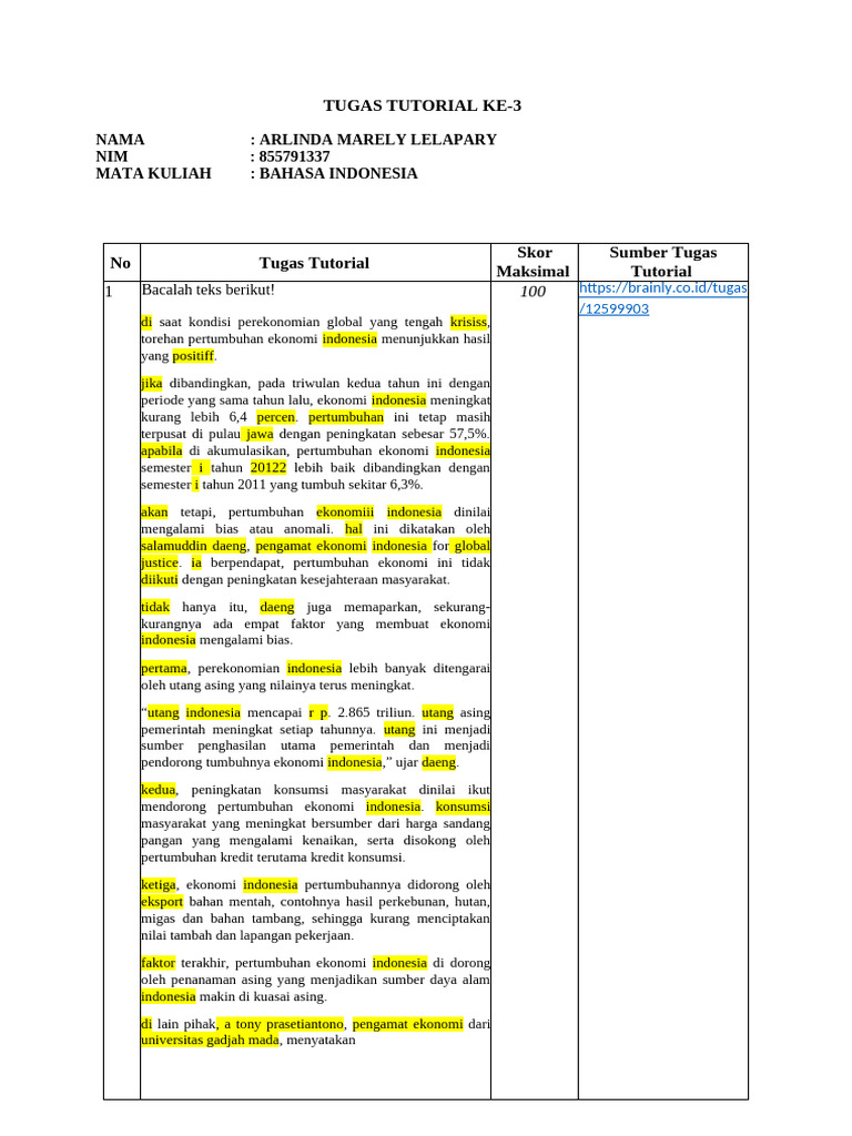 Tugas 3 Bahasa Indonesia - ARLINDA | PDF