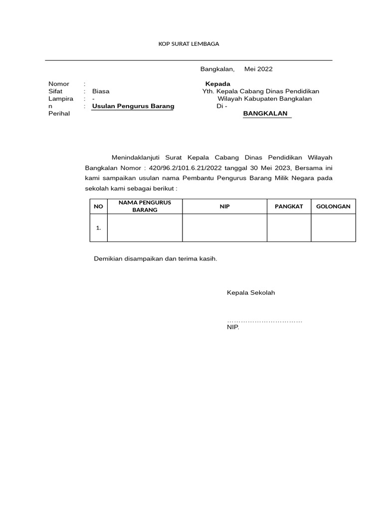 Form Surat Usulan Pengurus Barang | PDF