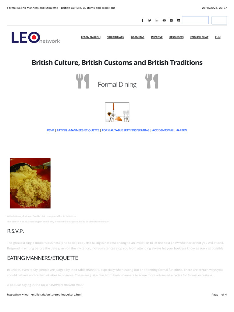 Formal Eating Manners and Etiquette - British Culture, Customs and ...