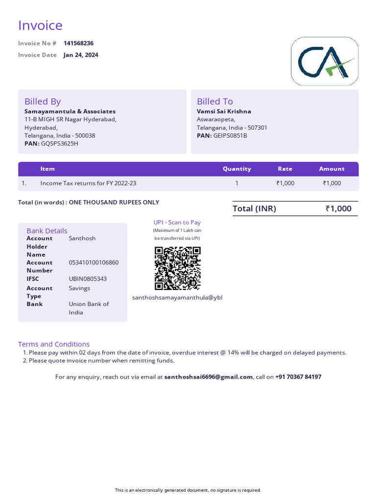 Invoice 141568236 Samayamantula and Associates Vamsi Sai Krishna | PDF