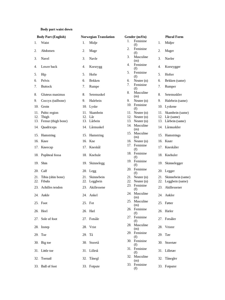 Body Part Waist Down Norsk | PDF