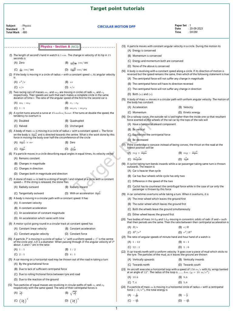 Circular Motion Physics DPP for Class 11 | PDF | Acceleration | Force