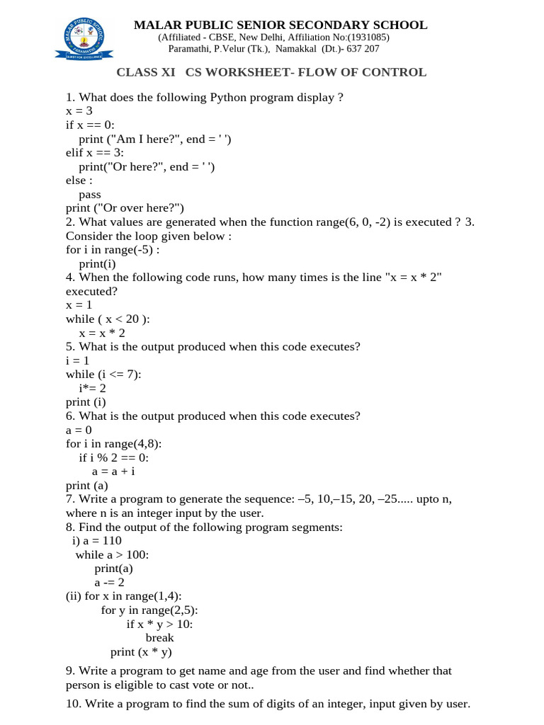 Class Xi Flow of Control Ws | PDF | Control Flow | Computer Programming