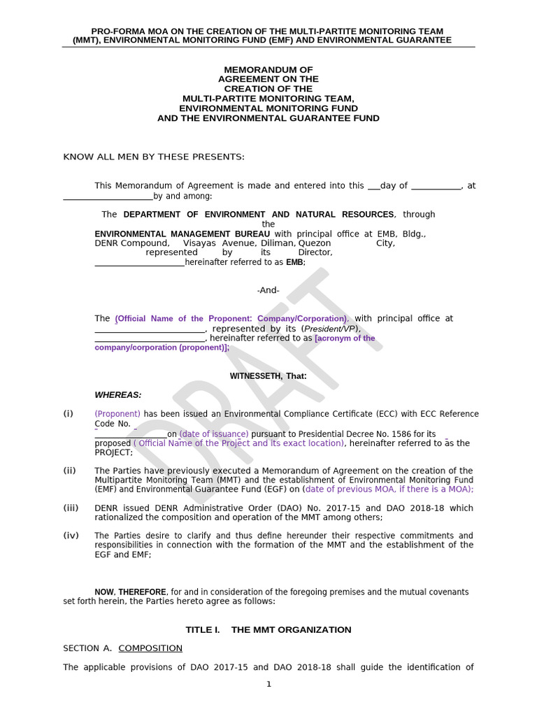 Mmt Moa Template Pdf Non Governmental Organization Insurance