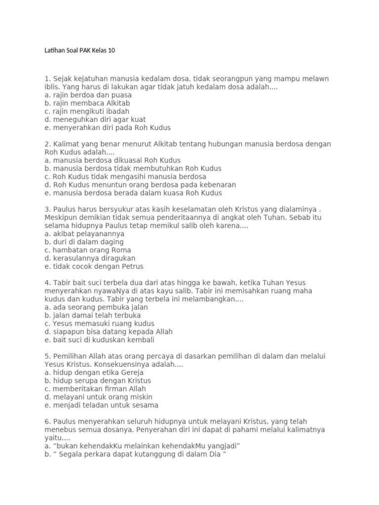 Latihan Soal PAK Kelas 10 | PDF