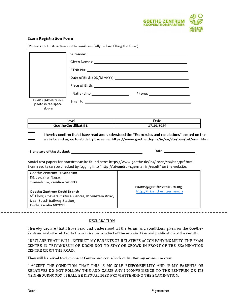 B1 Exam Registration Form Instructions | PDF