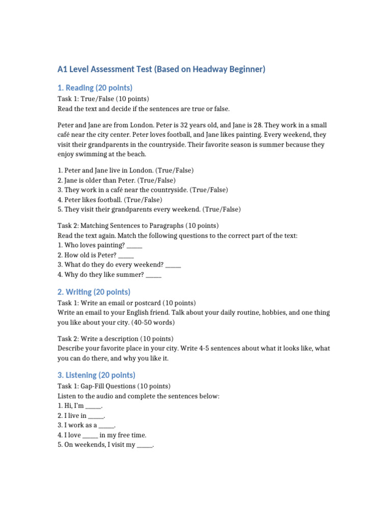 Detailed A1 Level Assessment Test | PDF | Vocabulary | Linguistics