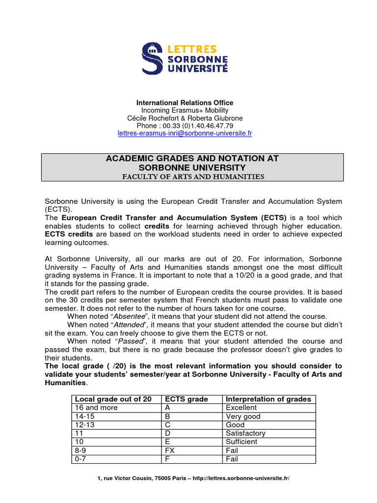Academic Grades Notation Sorbonne University - Faculty of Arts and ...