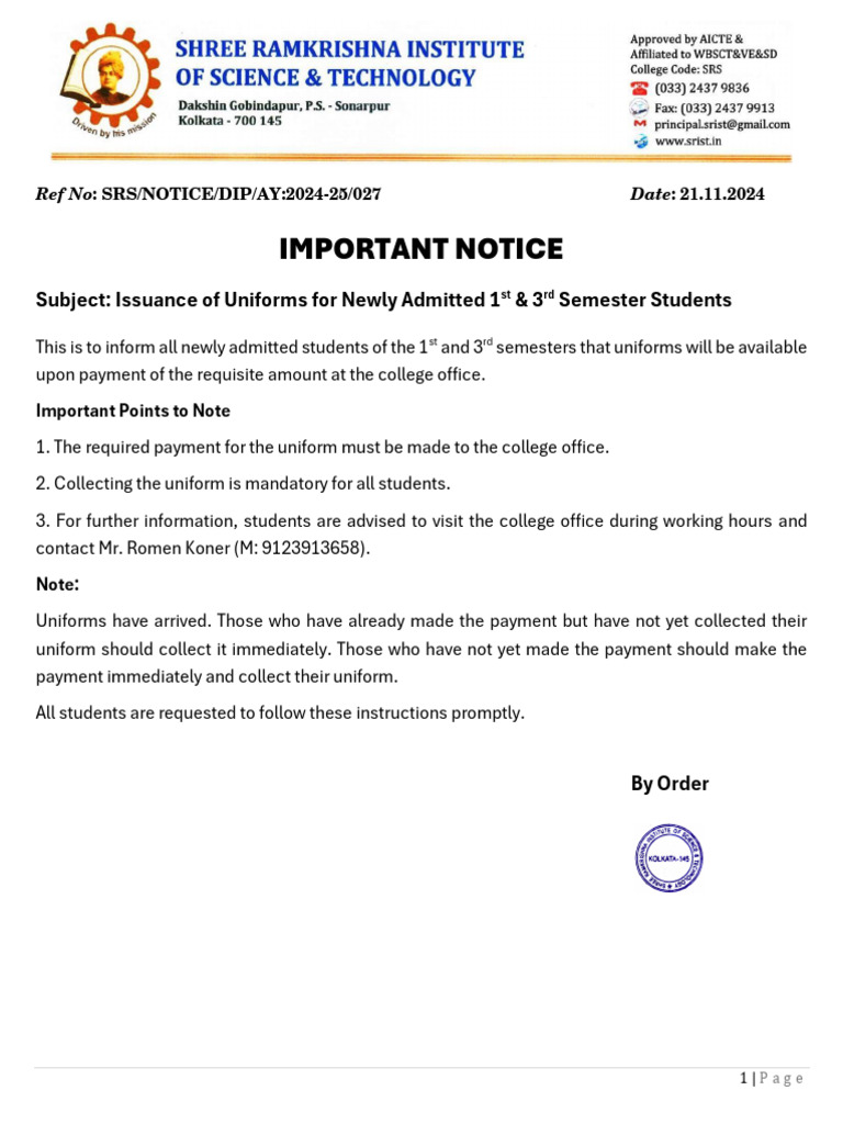 027 - SRS - Notice Regarding Uniform | PDF