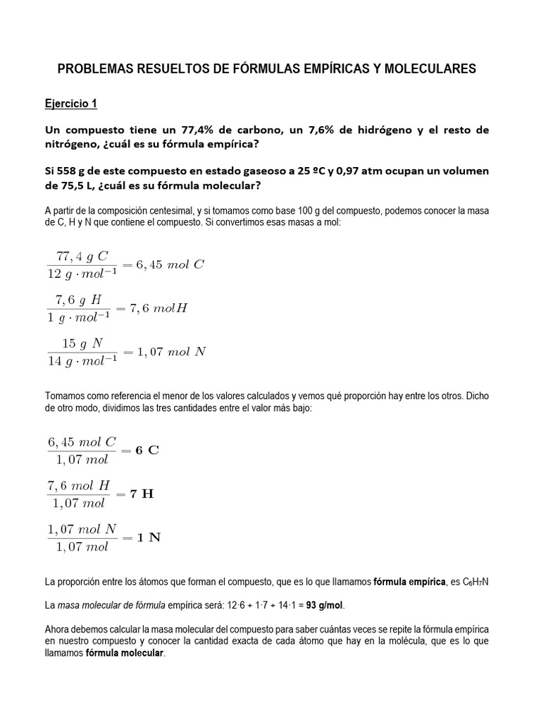 Problemas Resueltos de Fórmulas Empíricas y Moleculares | PDF