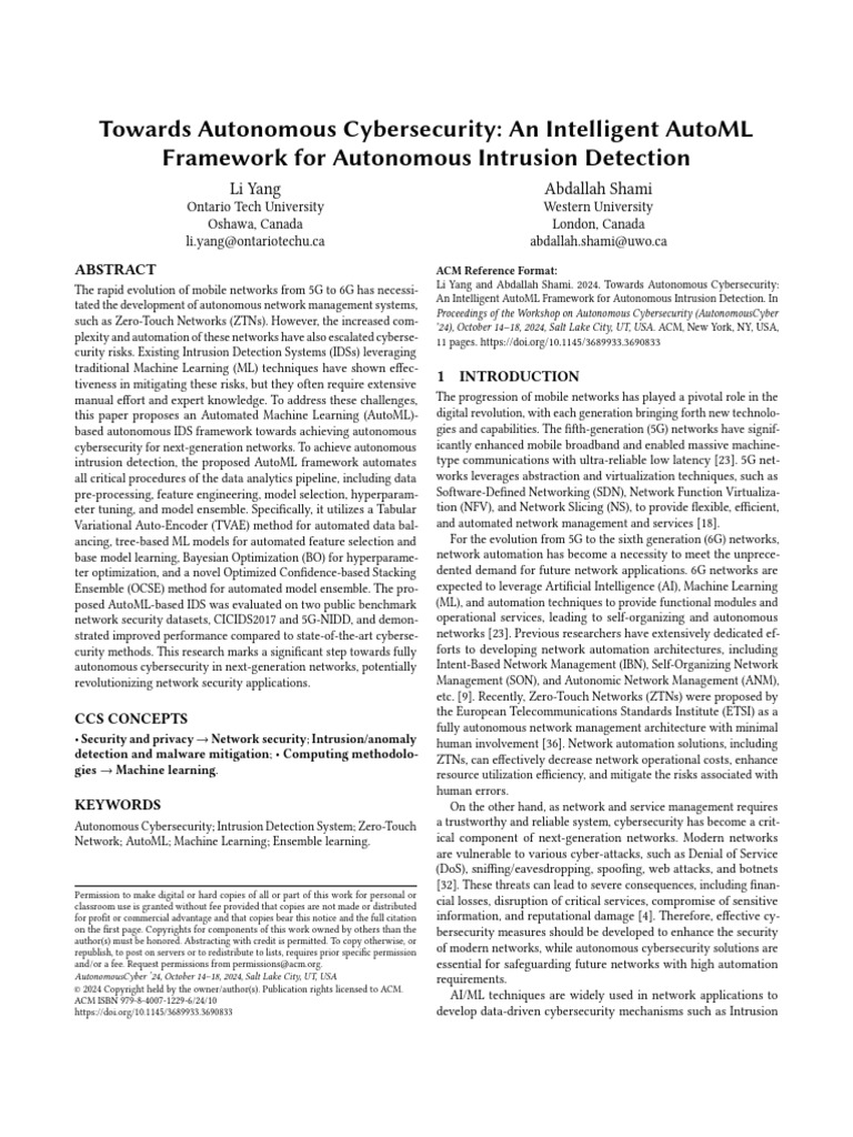 Towards Autonomous Cybersecurity: An Intelligent Automl Framework For Autonomous Intrusion ...