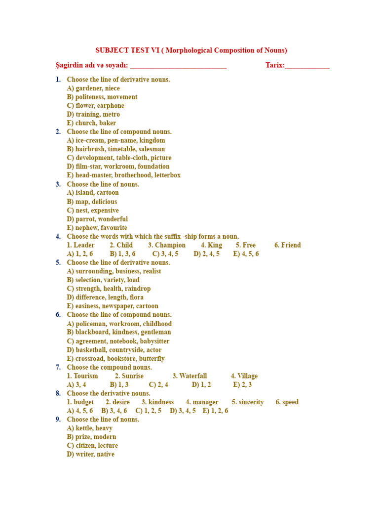 SUBJECT TEST VI (Morphological Composition of Nouns) | PDF | Grammar ...