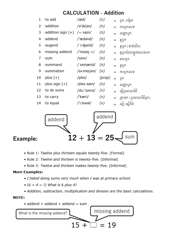 Addition Terms and Calculations Guide | PDF