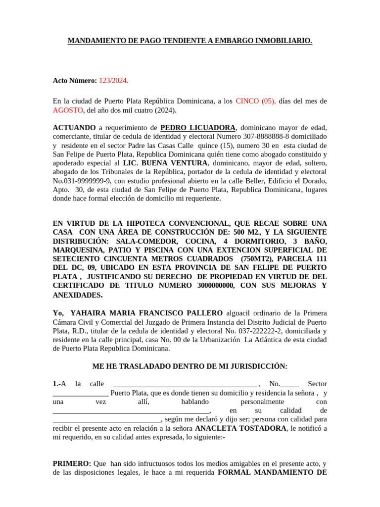Mandamiento de Pago Tendiente A Embargo Inmobiliario LEY 189-11 | PDF ...