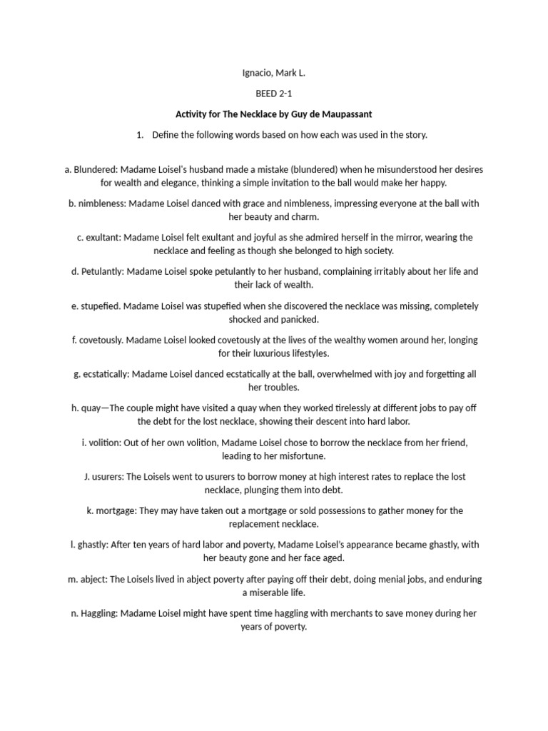 Activity For The Necklace by Guy de Maupassant | PDF