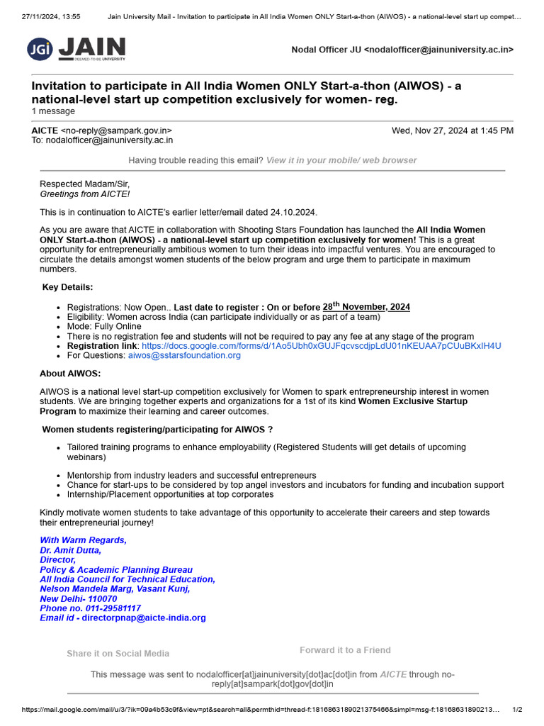 Jain University Mail - Invitation To Participate in All India Women ...