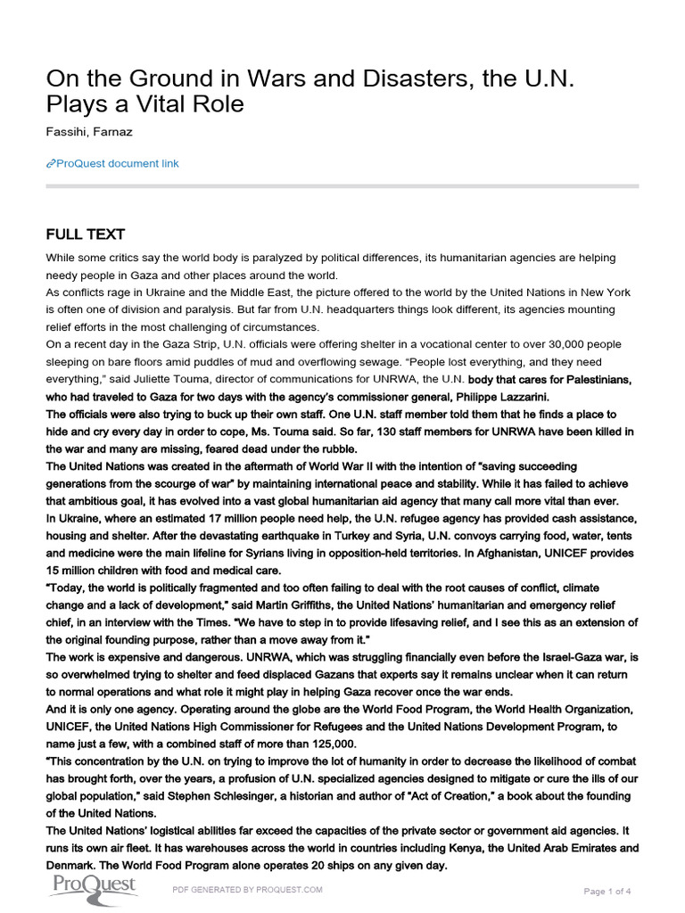 On The Ground in Wars and Disasters, The U.N. Plays A Vital Role | PDF ...