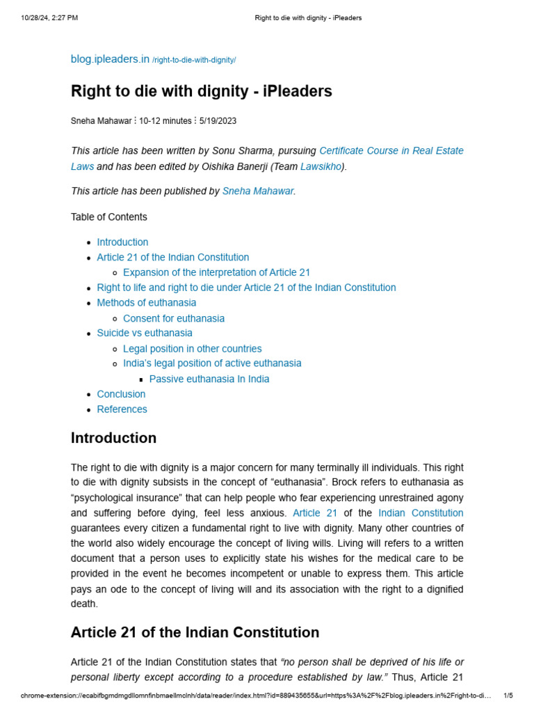 Right To Die With Dignity - Ipleaders - Reader View | PDF | Human Rights | Social Ethics