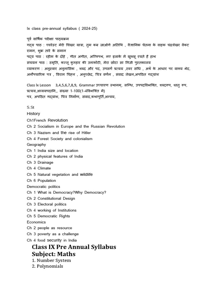 IX Class Pre-Annual Syllabus 2024-25 | PDF | Mathematics