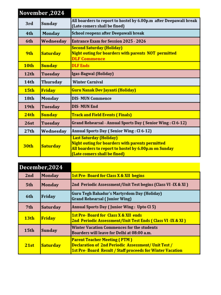 Revised School Calendar For November & December 2024 | PDF
