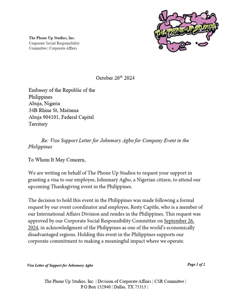 Visa Support Letter | PDF | Corporate Social Responsibility
