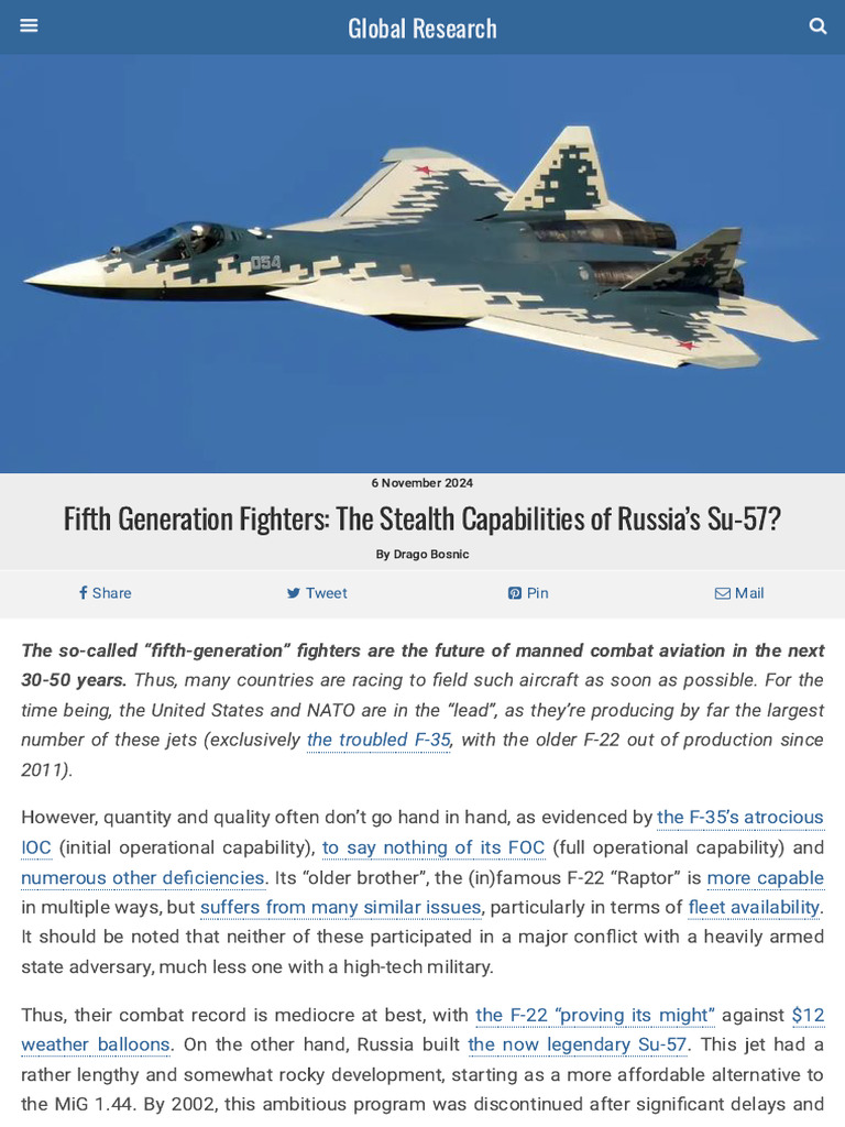 Fifth Generation Fighters: The Stealth Capabilities of Russia's Su-57 ...