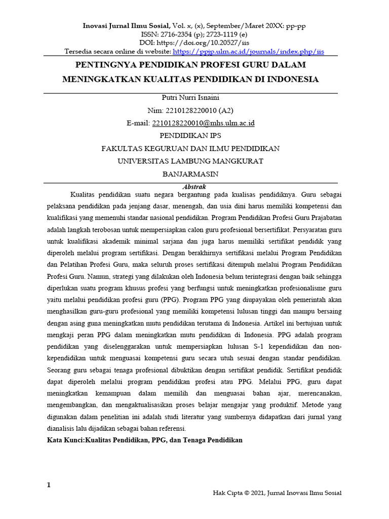 Putri Nurri Isnaini 2210128220010 Artikel Profesi Pendidikan | PDF