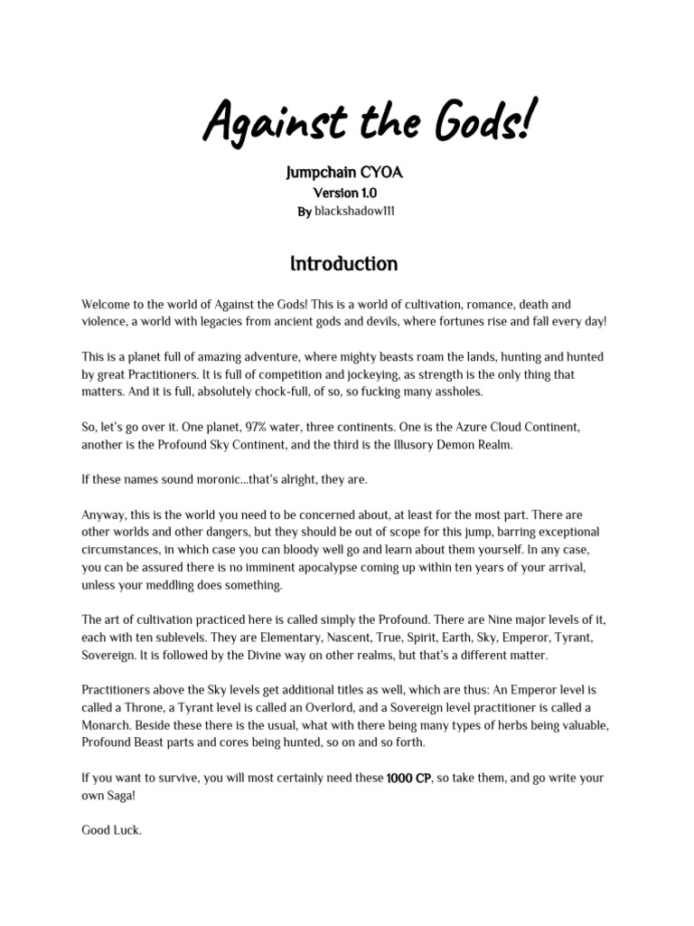 CYOA Jumpchain - Against The Gods! | PDF | Heaven | Amulet