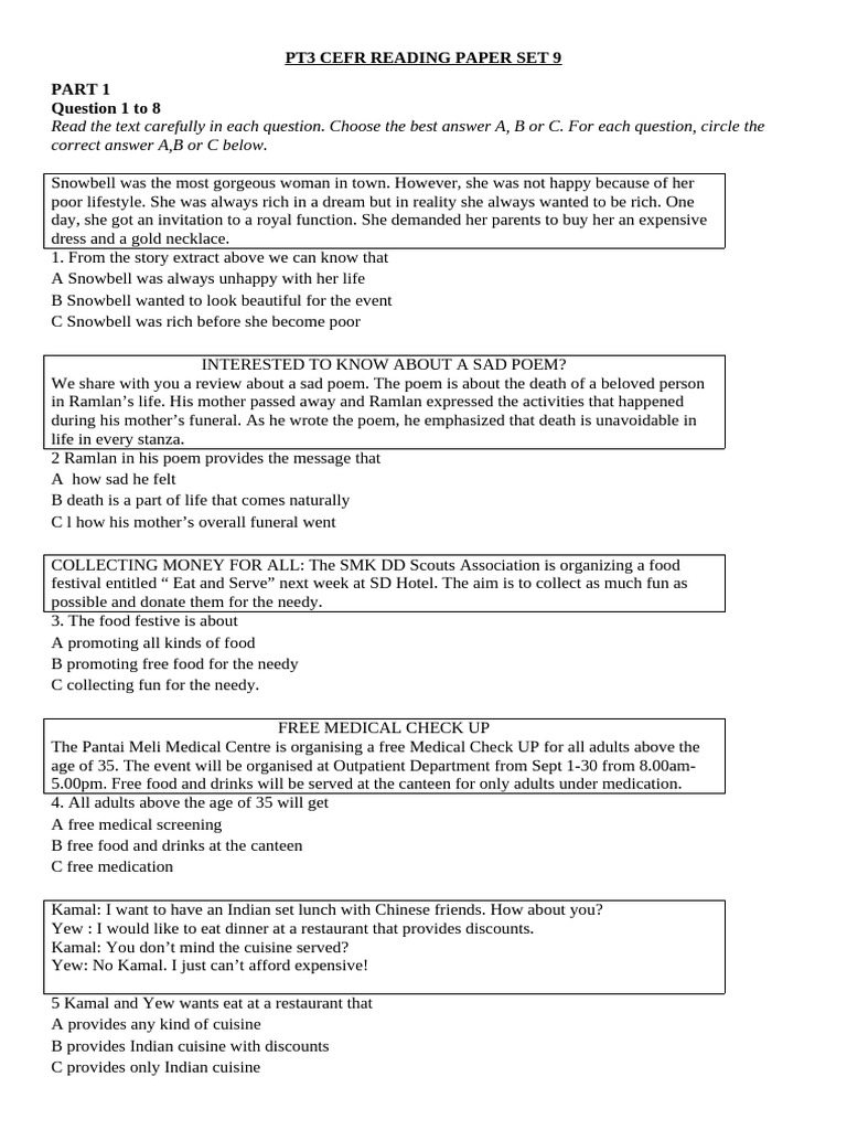 PT3 Reading Paper Complete Set 9 | PDF | Learning | Linguistics