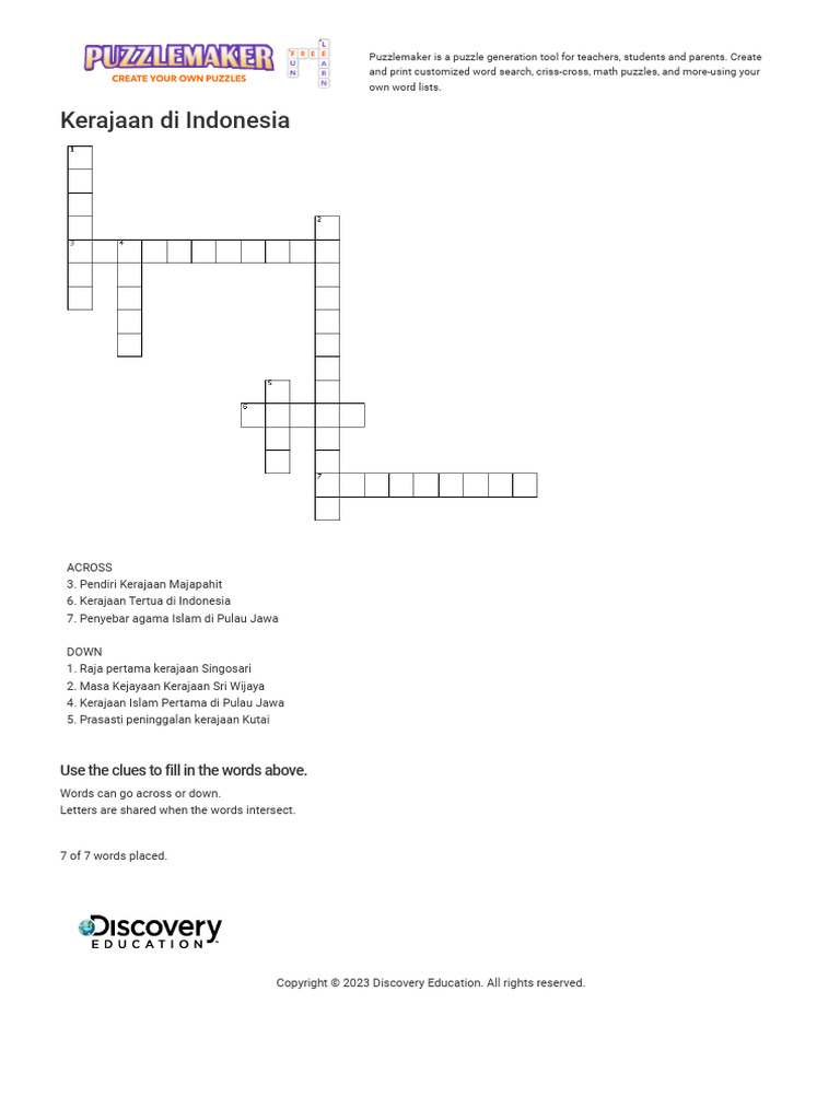 Criss Cross Puzzle - Discovery Education Puzzlemaker | PDF