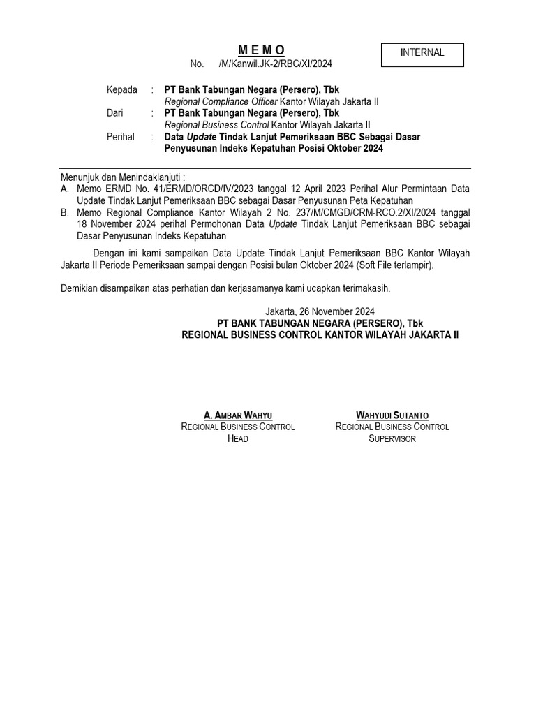 Memo Update Data TL BBC Ke RCO - Posisi Oktober 2024 | PDF
