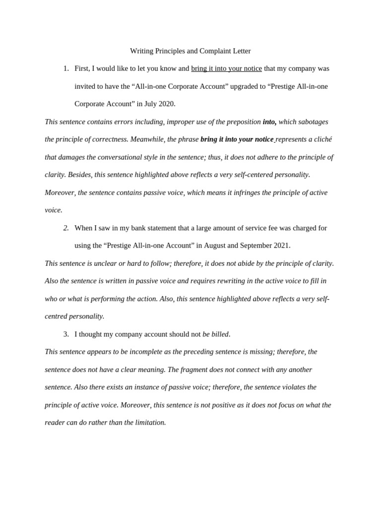 Writing Principles and Complaint Letter | PDF | Banks | Sentence ...