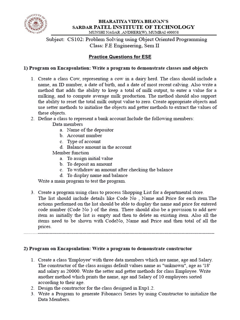 Questions For Practice - PSOOP - 2021 | PDF | Method (Computer Programming) | Class (Computer ...