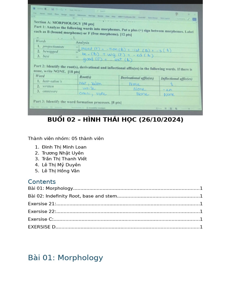 26-10-24 Bai Tap Nhom - Buoi 2-Hinh Thai Hoc | PDF | Word | Morphology (Linguistics)