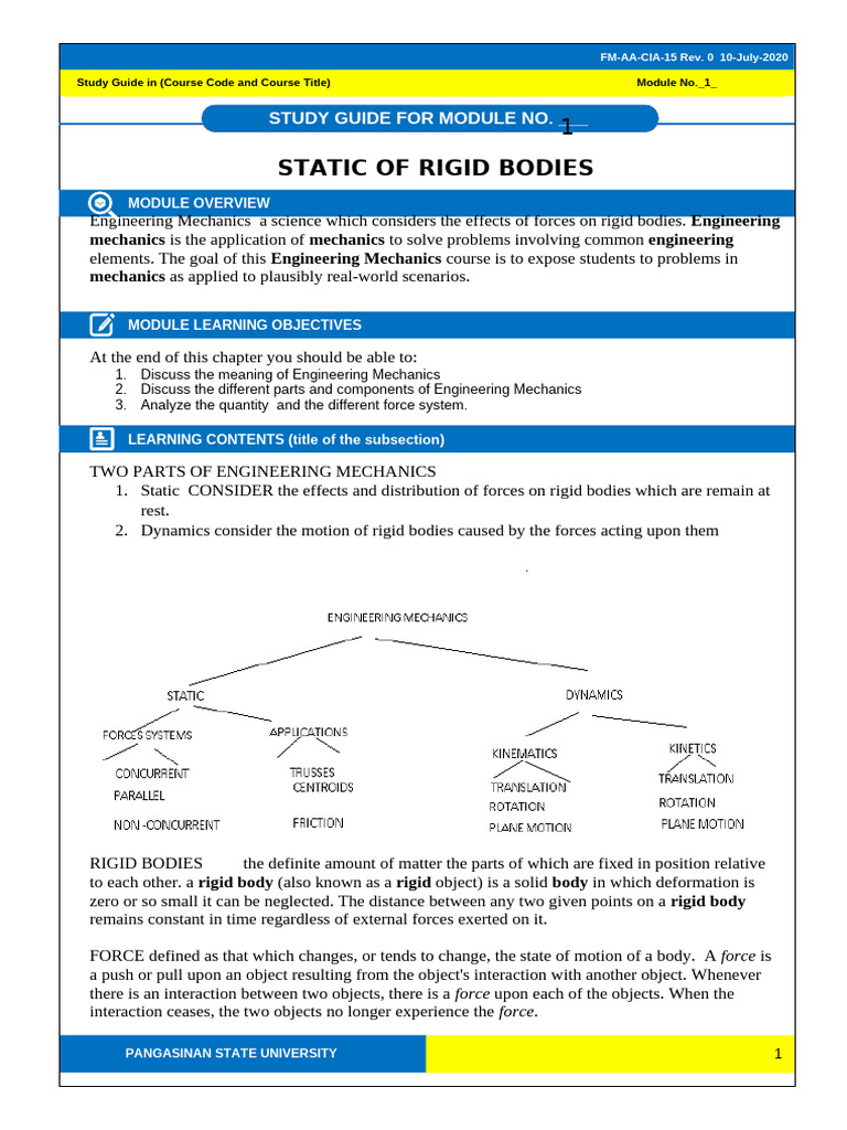 MODULE 1 Static of Rigid Bodies | PDF | Force | Mechanics
