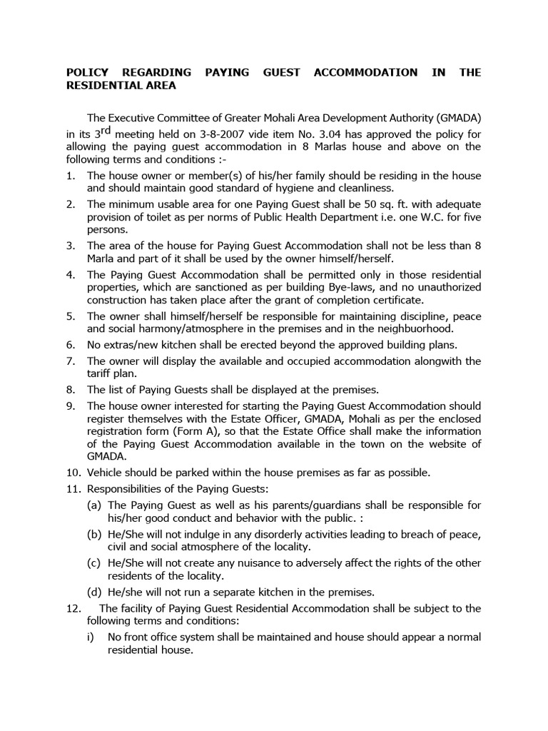 GMADA Paying Guest Policy 2007 | PDF | Government | Justice