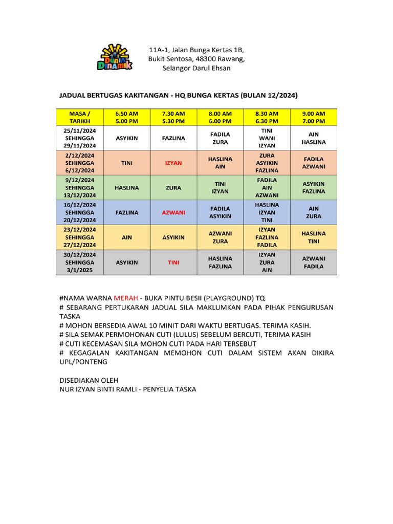 Jadual Staff Bulan 12 | PDF