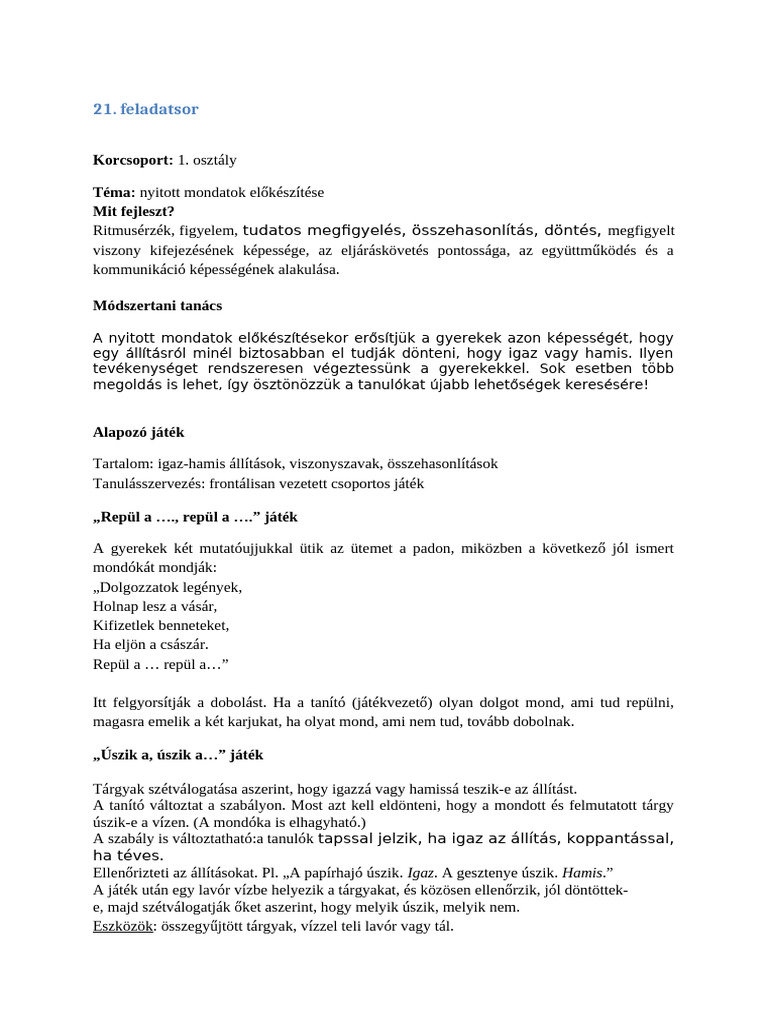 Nyitott Mondatok Elokeszitese Feladatok 1.evf | PDF