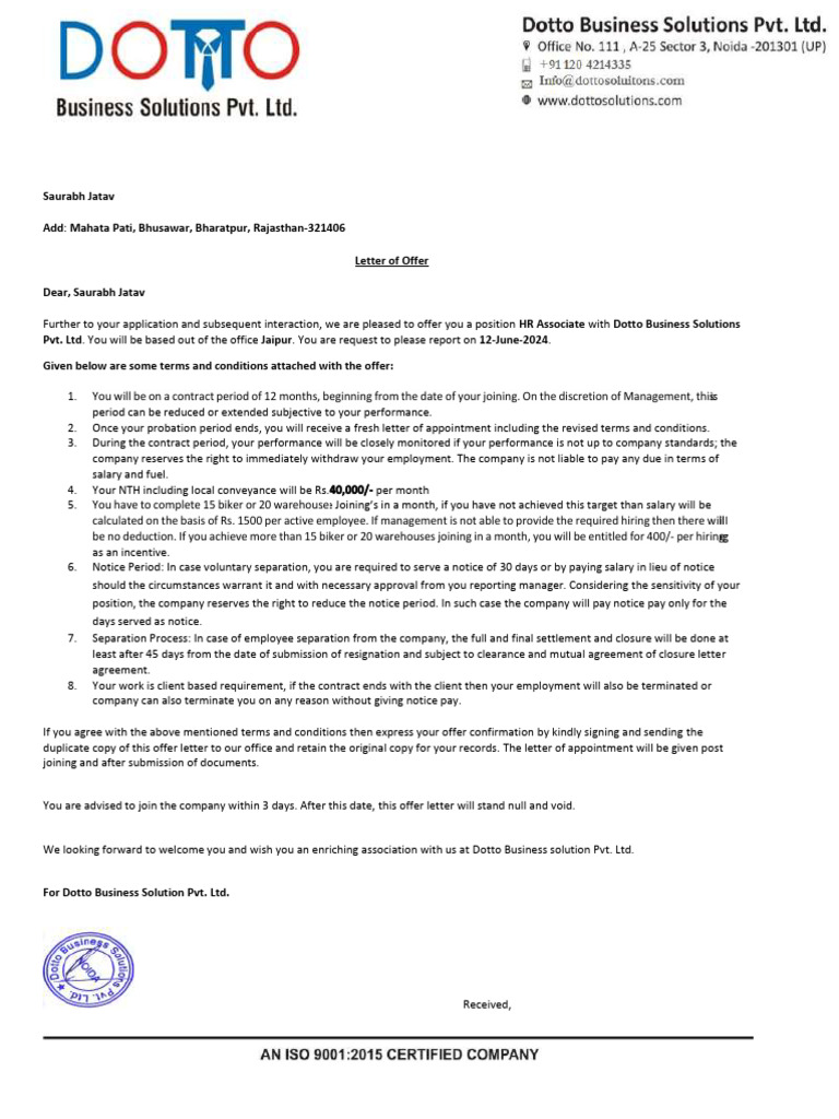 Dotto Offer Letter | PDF | Employment | Civil Law (Legal System)