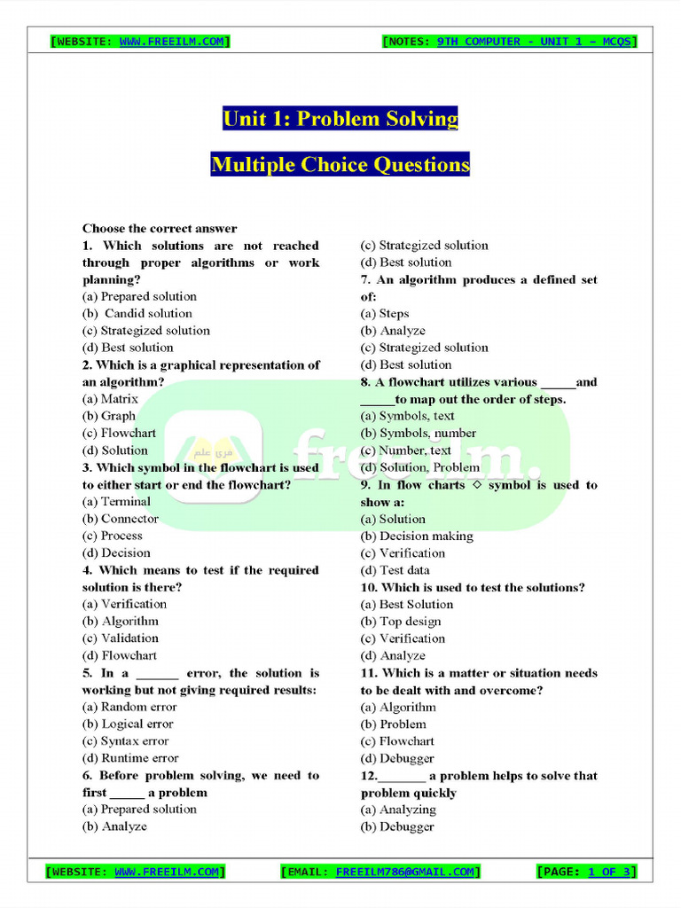 9th Comp CH 1 MCQ's | PDF