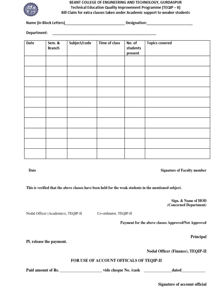 Extra Classes For Weak Students-Payment Claim Form | PDF