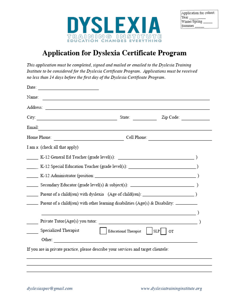 Dyslexia Cert Application Fillable | PDF | Dyslexia | Learning Disability