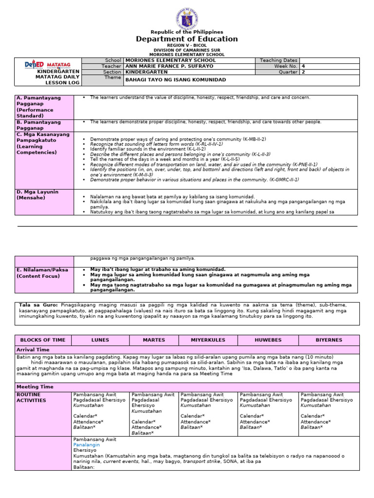 Q2-Week 3 Kinder-MATATAG-DLL | PDF