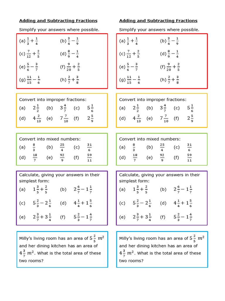 Adding and Subtracting Fractions With Mixed Numbers Practice Strips ...