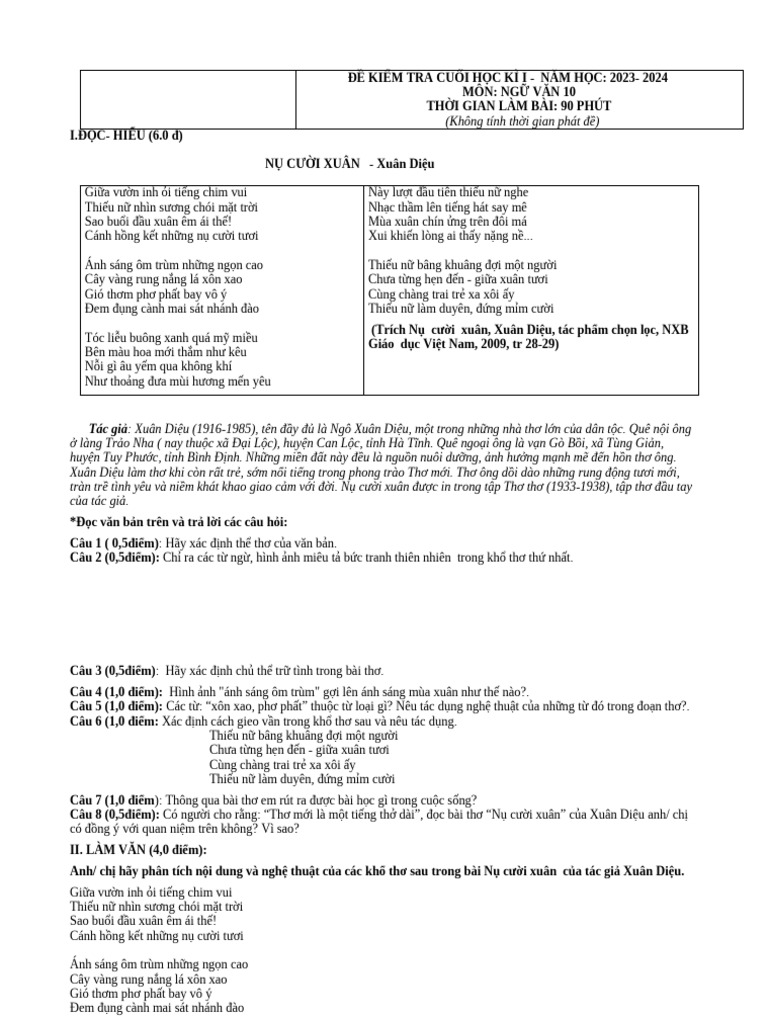 Đề KT HK1 10 - 2023-2024 | PDF