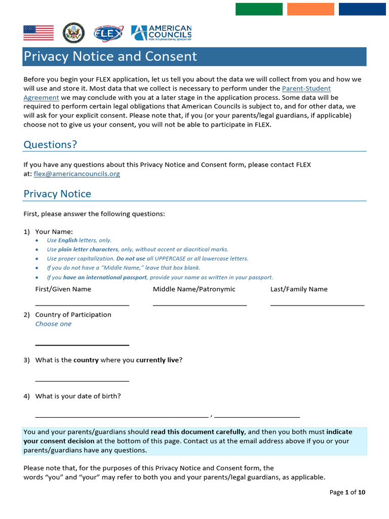 Flex 2025 Privacy Notice and Consent Non-Eea Except Ser Kaz Ukr - Fillable Form | PDF | European ...