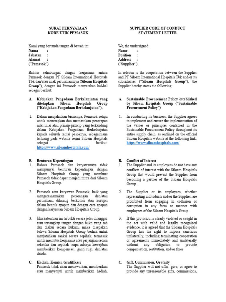 Bagi 2. Surat Pernyataan Kode Etik Pemasok - Dual Language | PDF